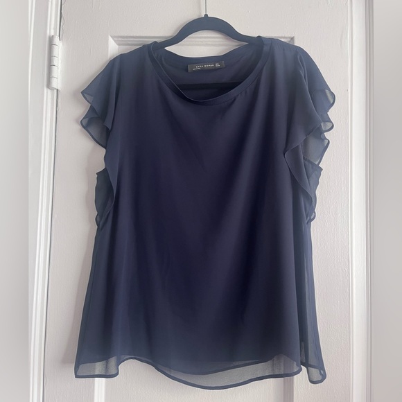 Zara | Tops | Zara Navy Blue Sheer Flutter Sleeve Blouse Stretchy ...